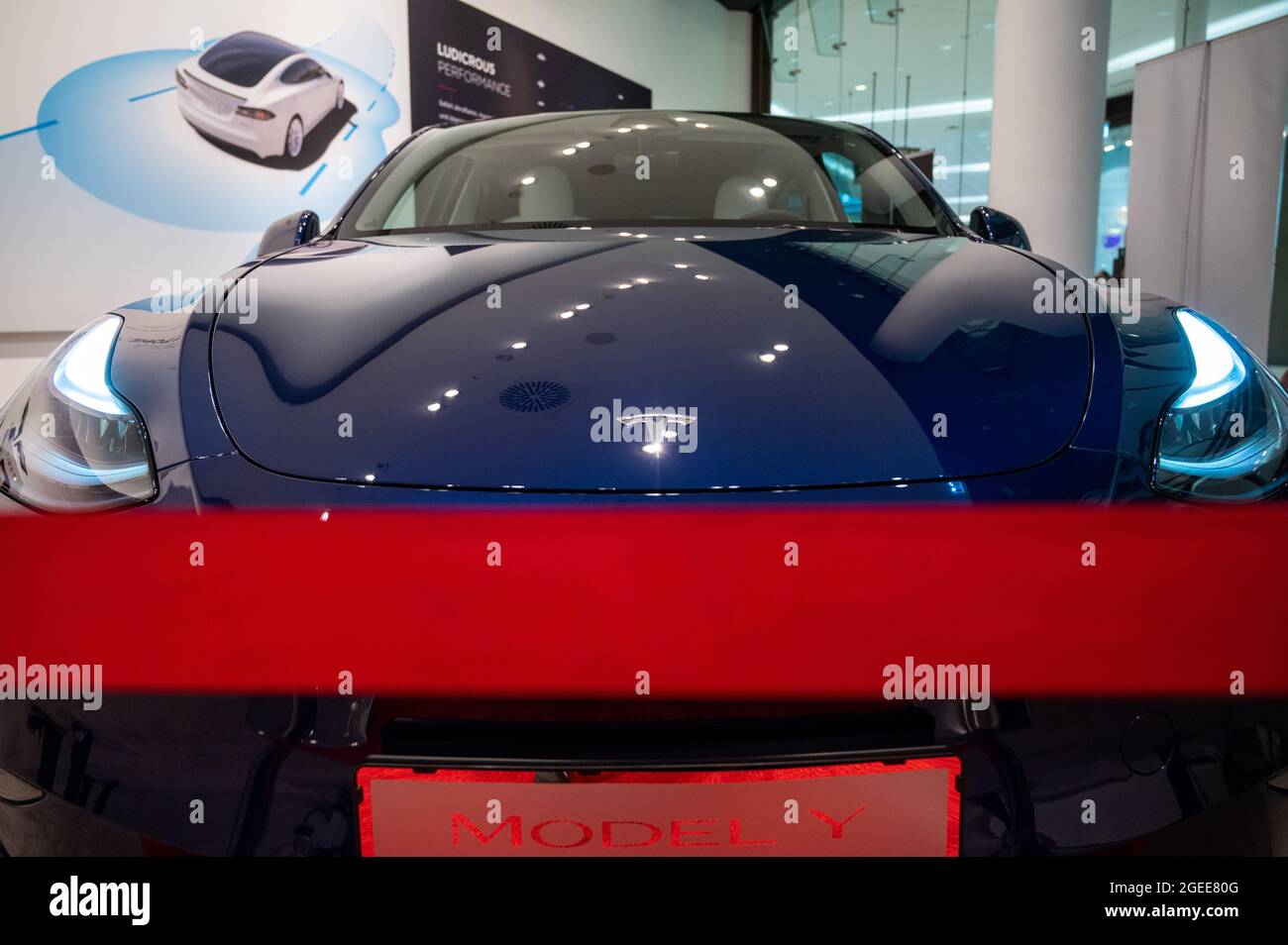 Berlin, Germany. 19th Aug, 2021. A Tesla Model Y stands in a Tesla ...