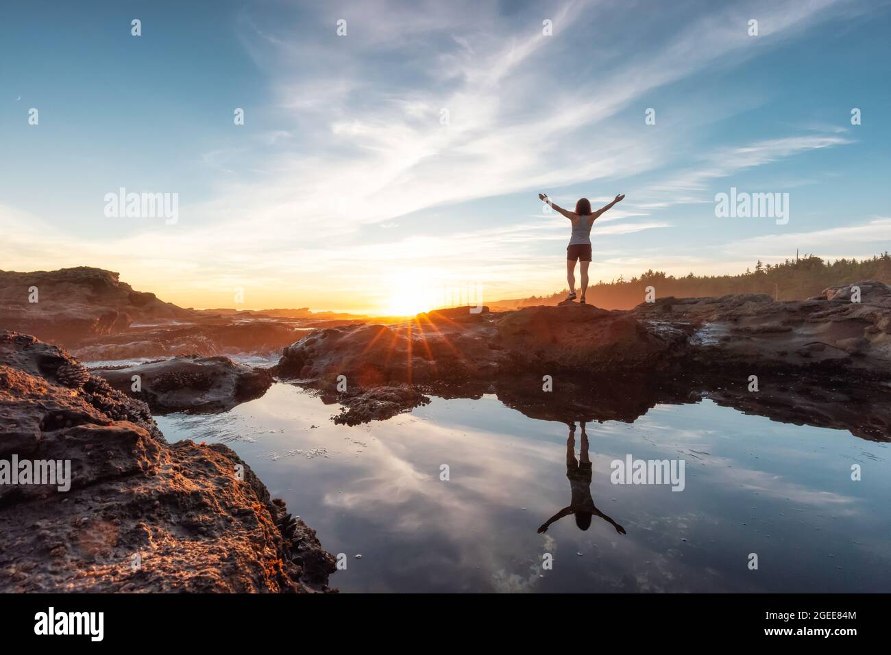 Adventurous Woman Hiking at Botanical Beach on the West Coast Stock ...