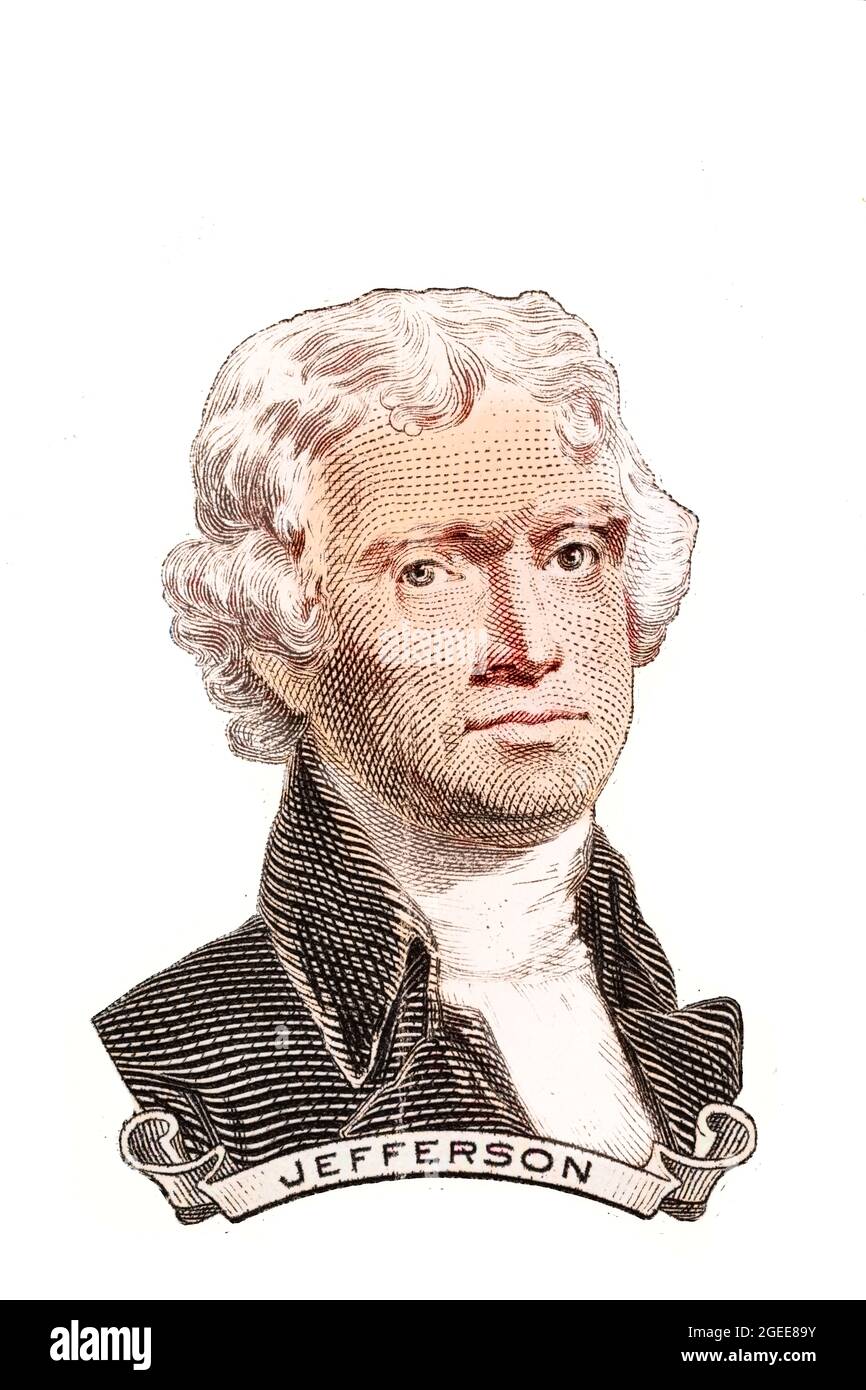 Thomas Jefferson cut out from US 2 dollar banknote for design purpose ...