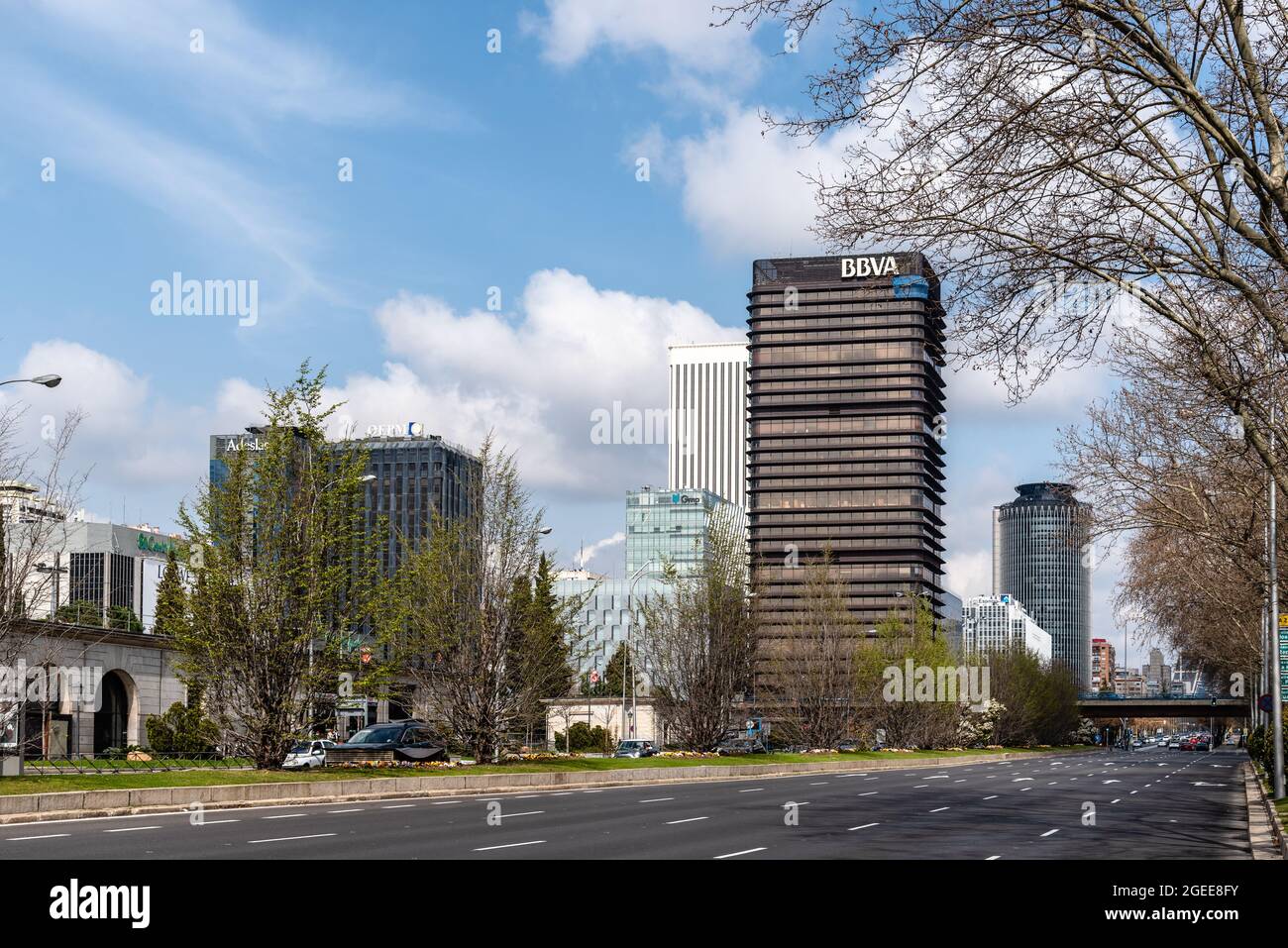 Madrid, Spain - March 7, 2021: Castellana avenue with skyscrapers of ...