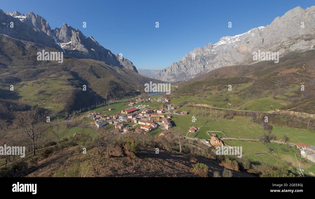 Aerial view of the village of Posada de Valdeon, Picos de Europa ...