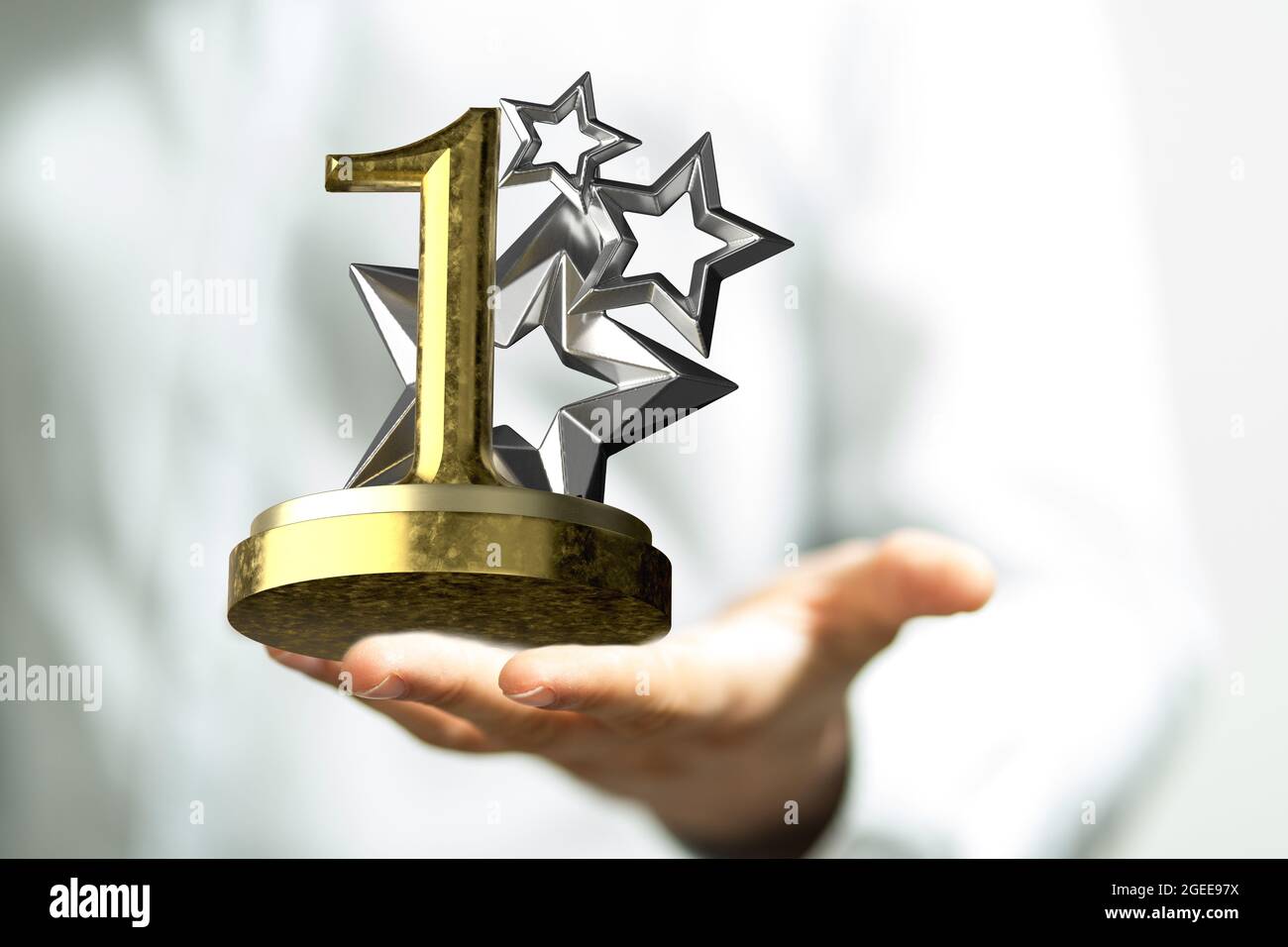 Businessman holding a digital illustration of a trophy of a winner ...