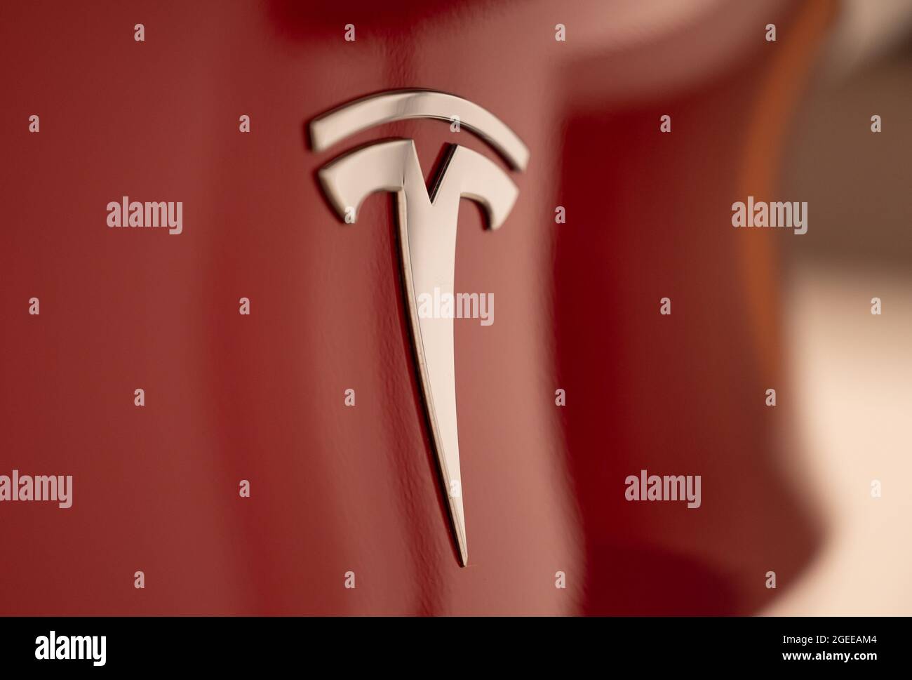 Berlin, Germany. 19th Aug, 2021. On a Tesla in a Tesla showroom is the ...