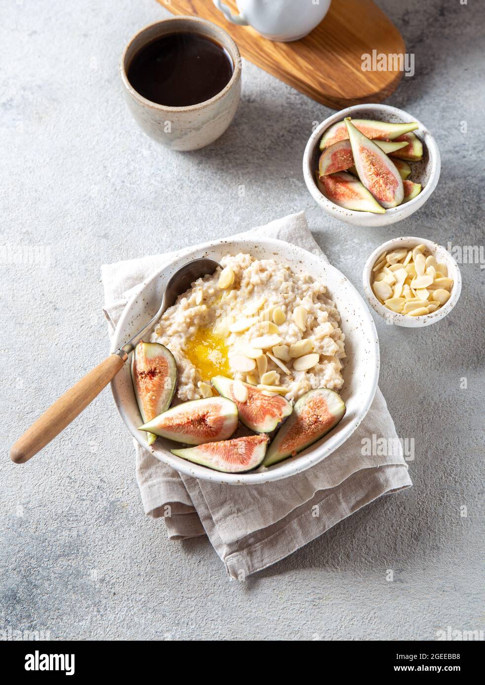 Healthy Oatmeal with figs. Coffee, oatmeal breakfast concept Stock ...