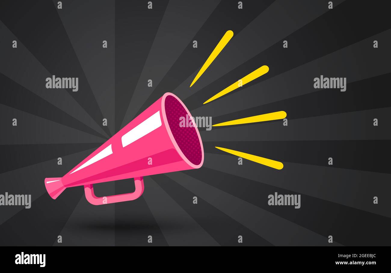 Vector vintage poster with retro pink megaphone on black background ...