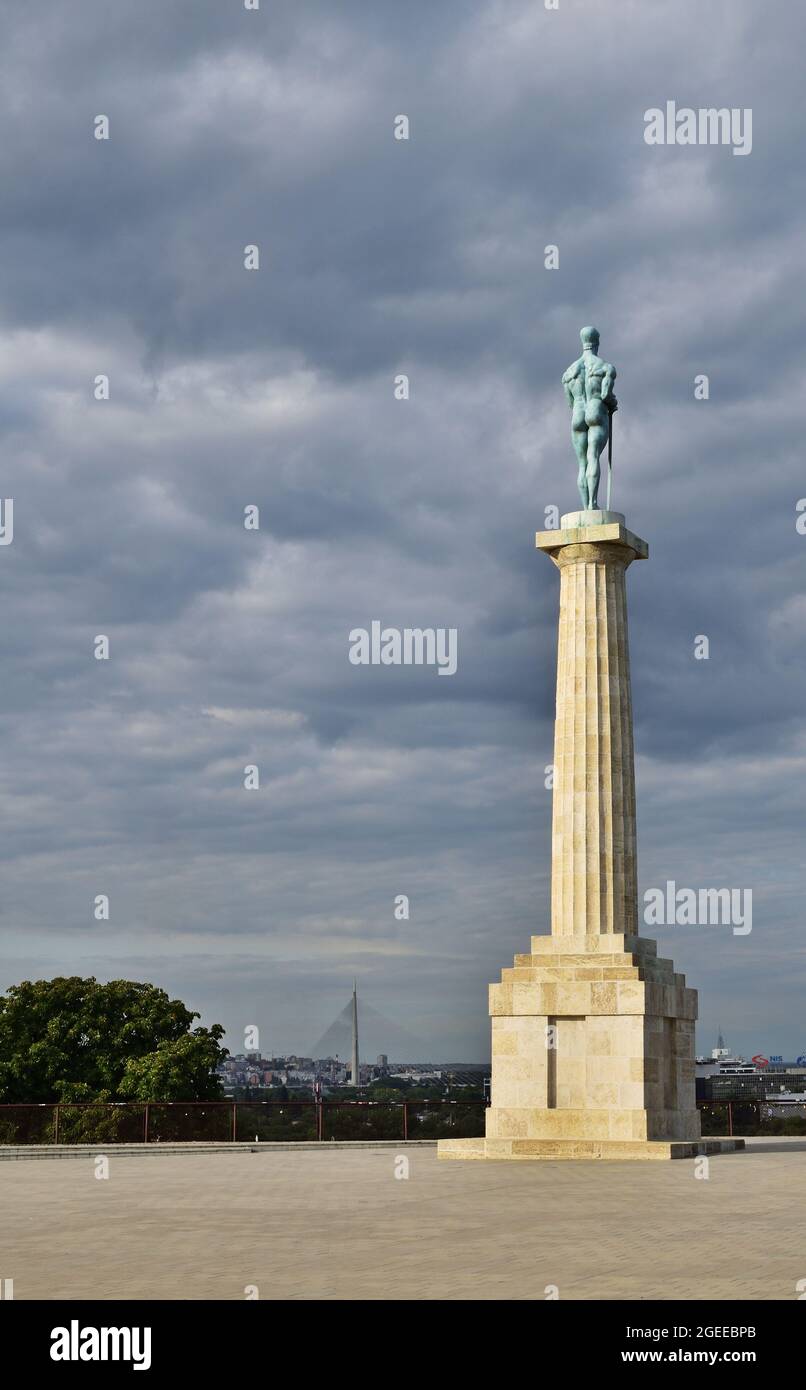 Pobednik, the Victor monument in Belgrade, vertical Stock Photo - Alamy