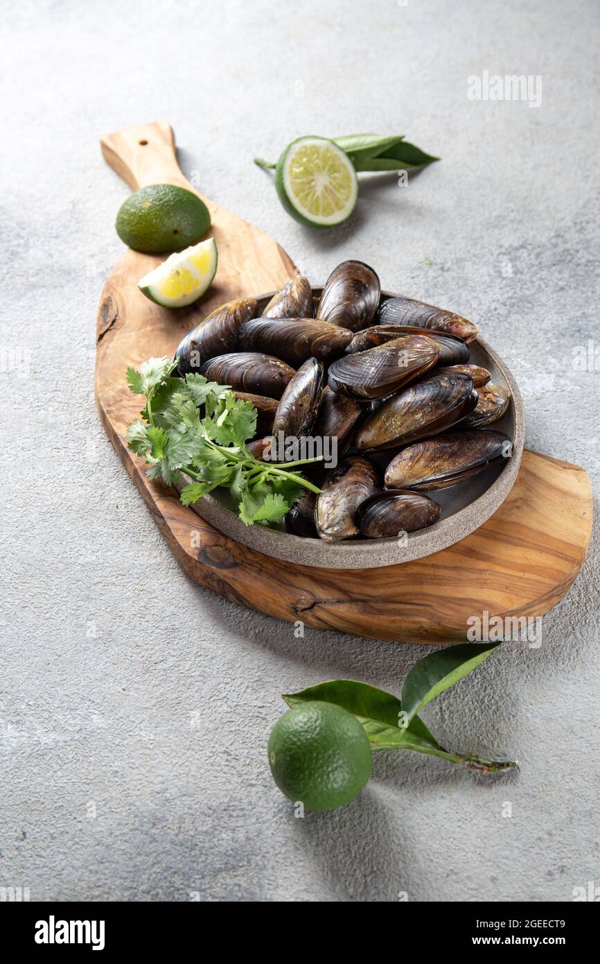 Shellfish raw Mussels on gray plate, gray background. Shellfish seafood ...