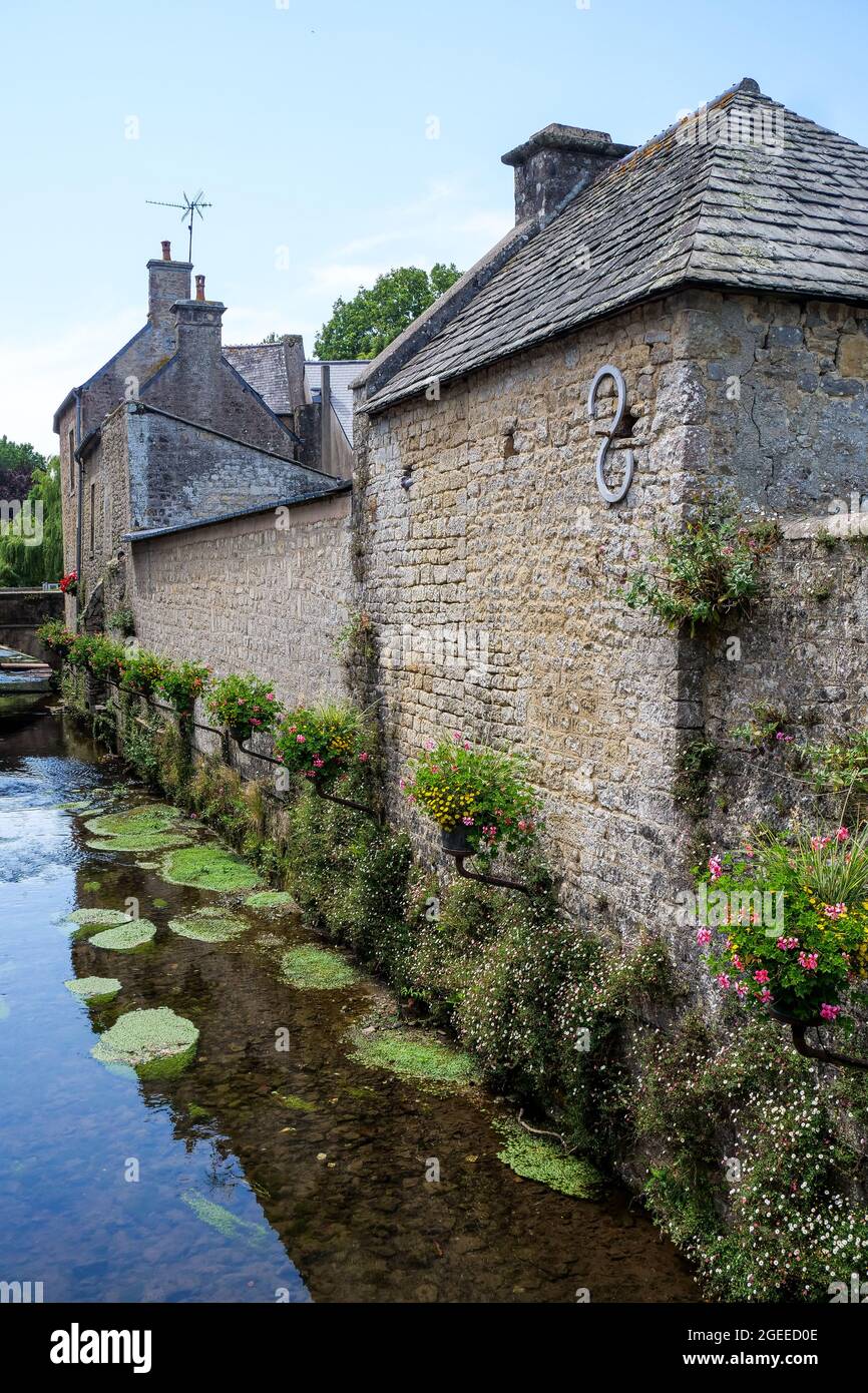 Old houses built along the Merderet river, Valognes, Manche department ...