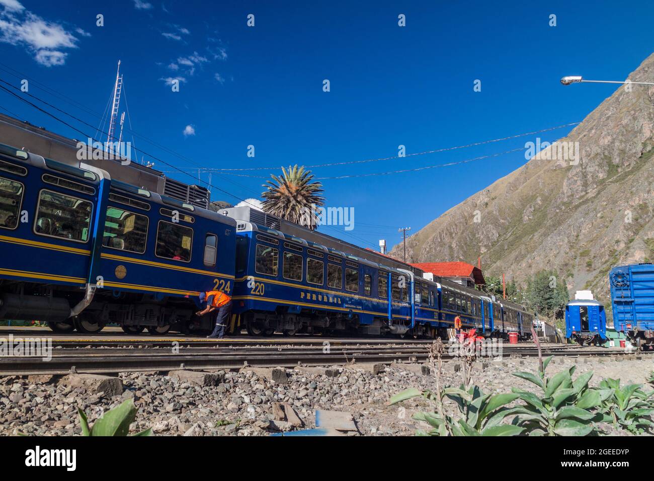 OLLANTAYTAMBO, PERU - MAY 20, 2015: Peru Rail train stops at the ...