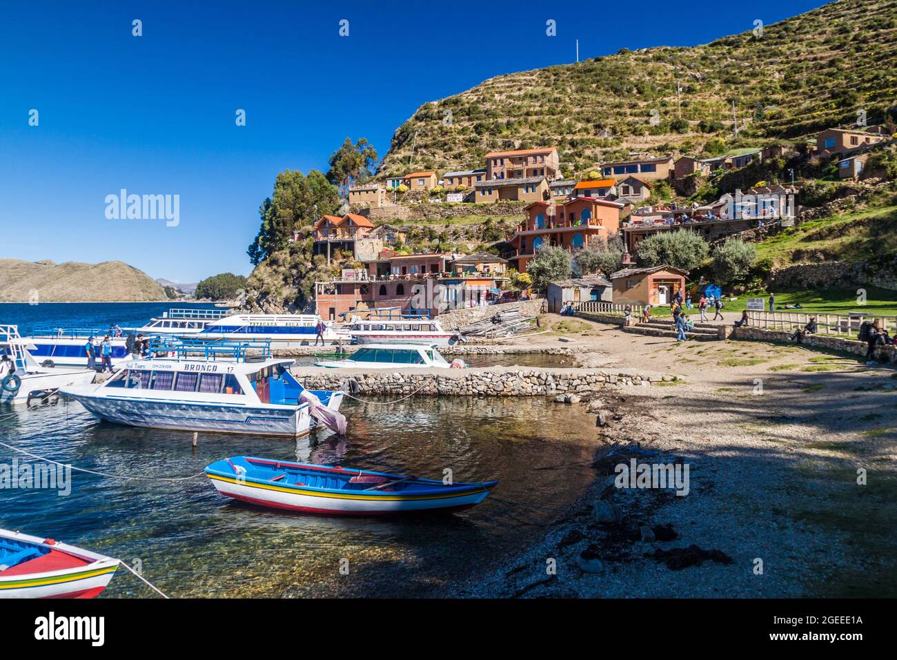 ISLA DEL SOL, BOLIVIA - MAY 12, 2015: Tourists boats anchored in Yumani ...