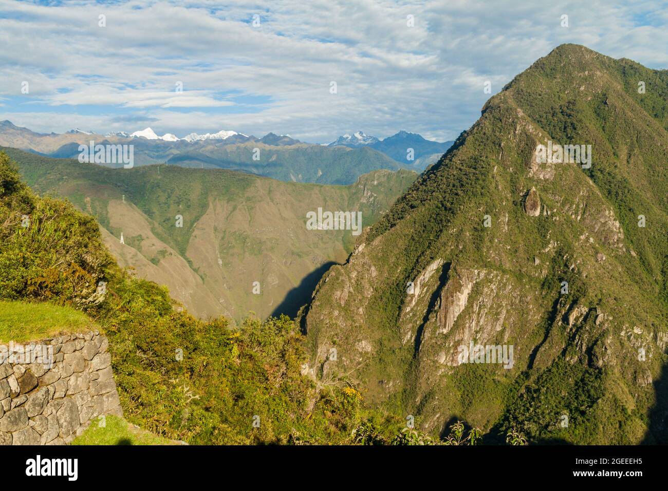 Snow capped peaks and urubamba valley as seen from Machu Picchu ruins ...