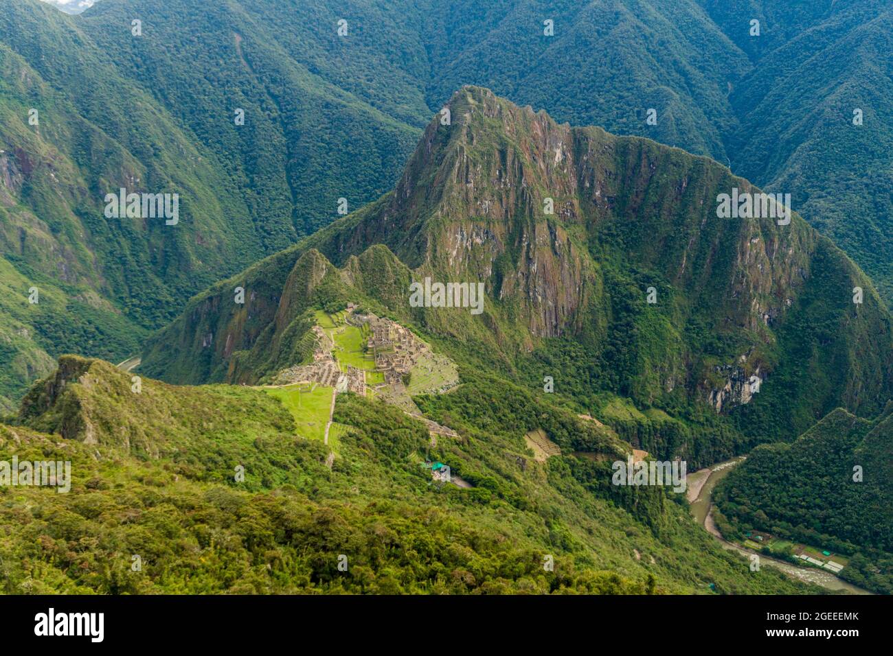 Aerial view of Machu Picchu ruins from Machu Picchu mountain, Peru ...
