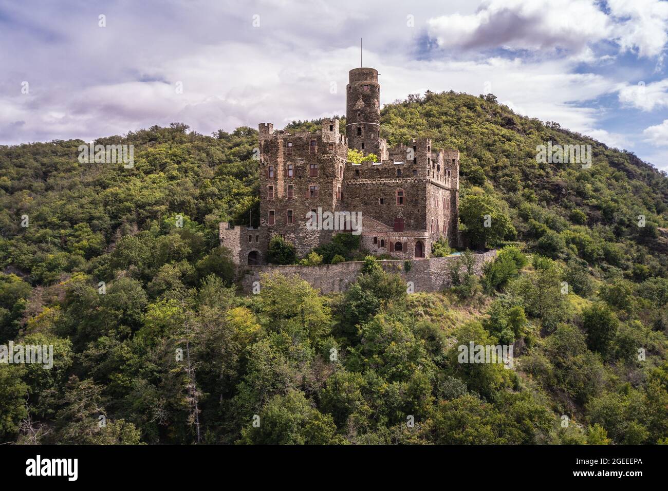 Aerial view of the Mouse Castle Surrounded by green forest landscape ...