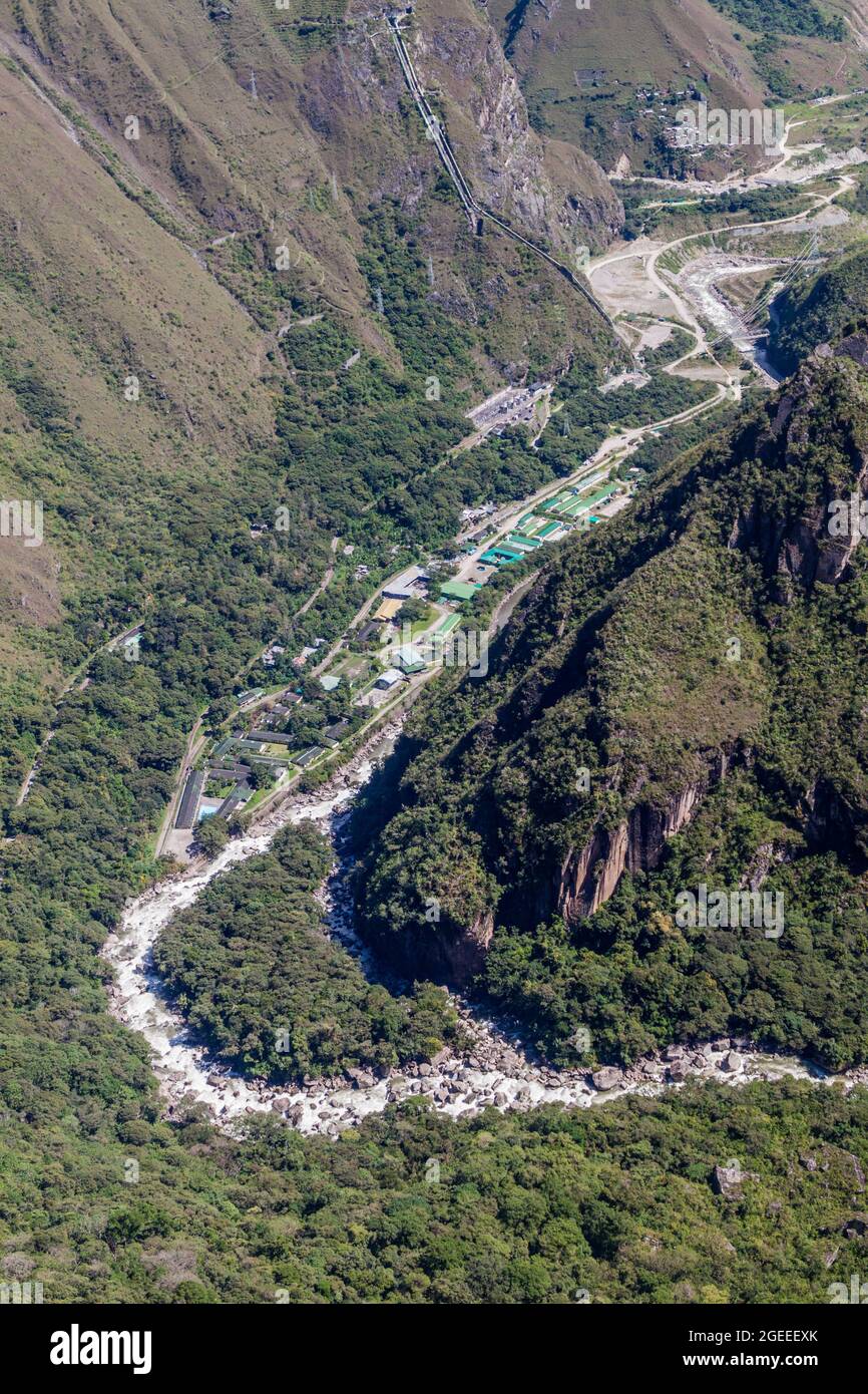Aerial view of Urubamba valley (with hydroelectric station) from Machu ...