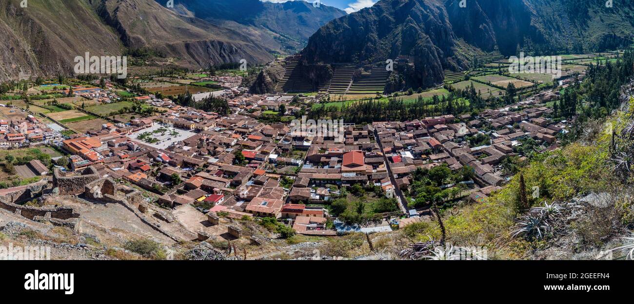 Aerial view of Ollantaytambo and Inca's agricultural terraces, Sacred ...