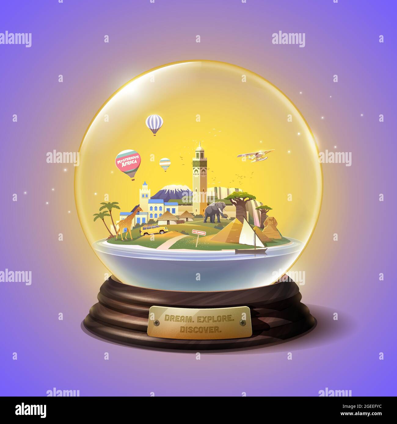 Travel to Africa. Road trip. Tourism. The glass ball with landmarks ...