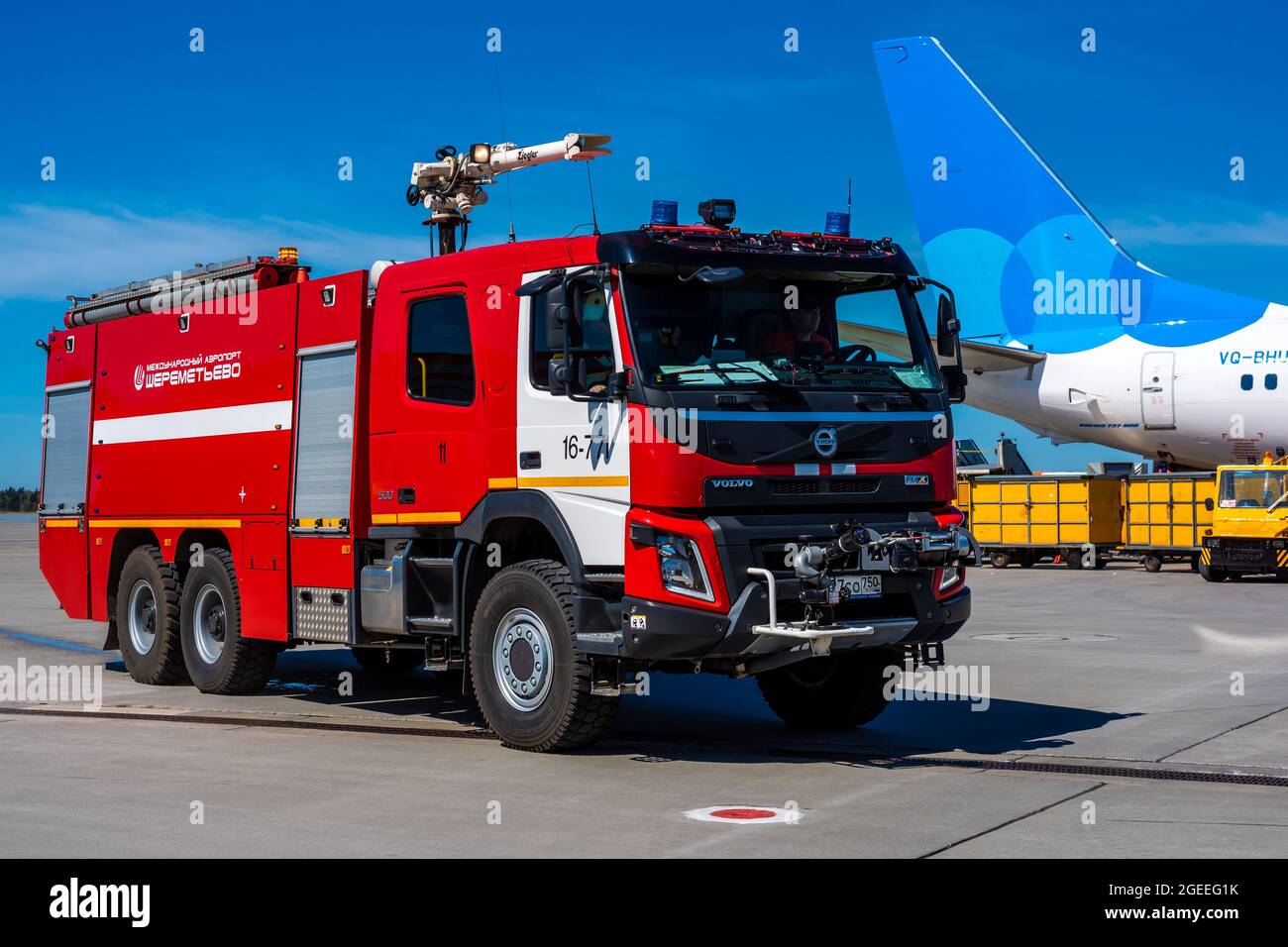 May 11, 2021 Moscow, Russia. A fire truck on the airfield of the ...