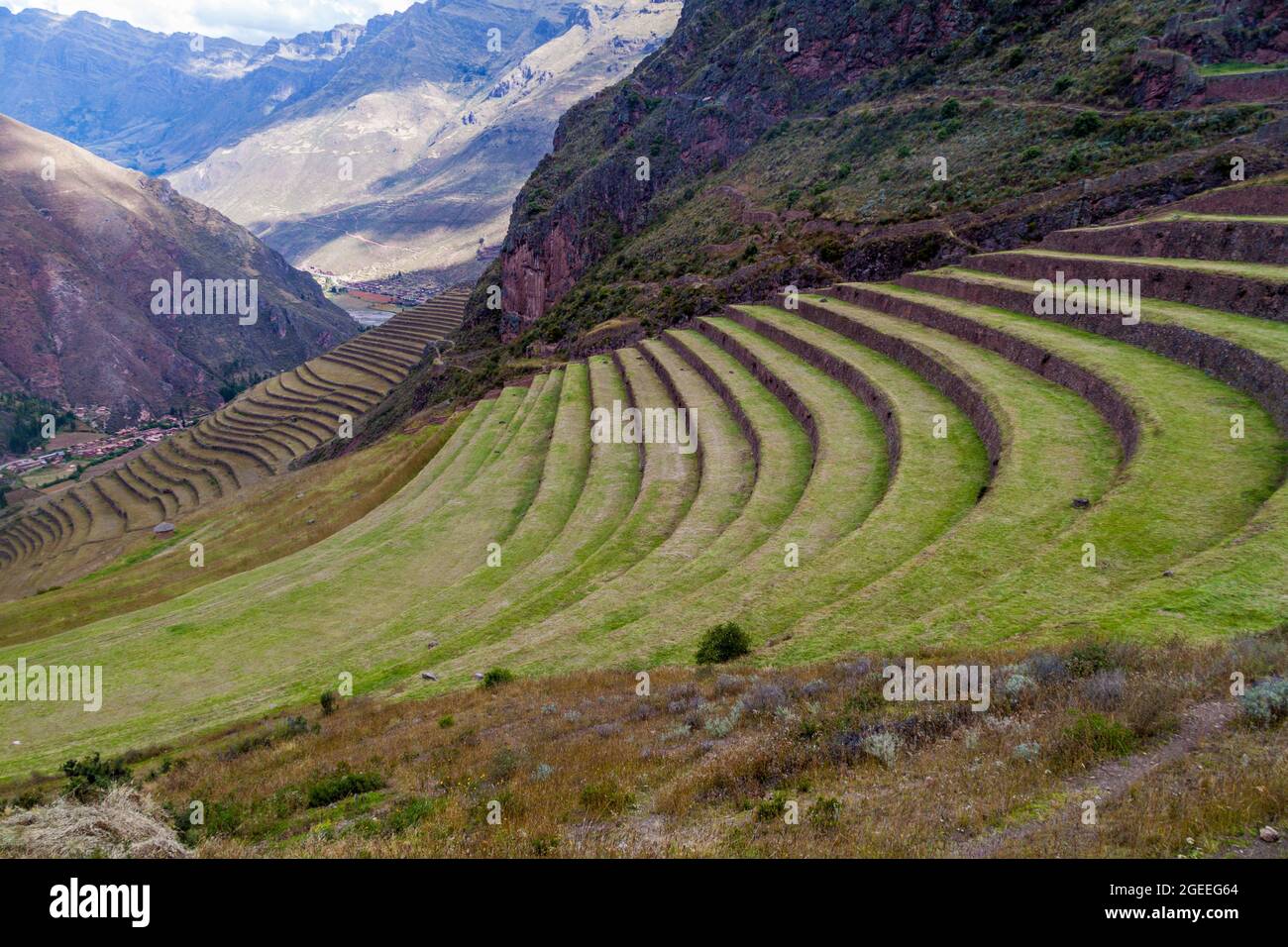 Inca agricultural terraces in Pisac, Sacred Valley, Peru Stock Photo ...