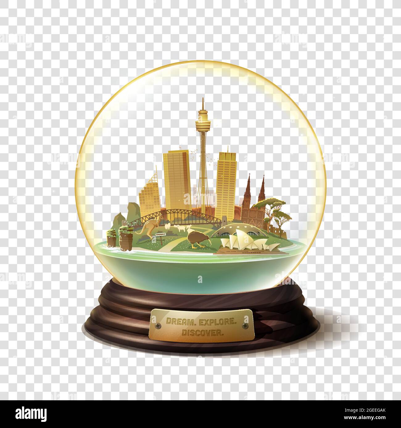 Travel to Australia. Road trip. Tourism. The glass ball with landmarks ...
