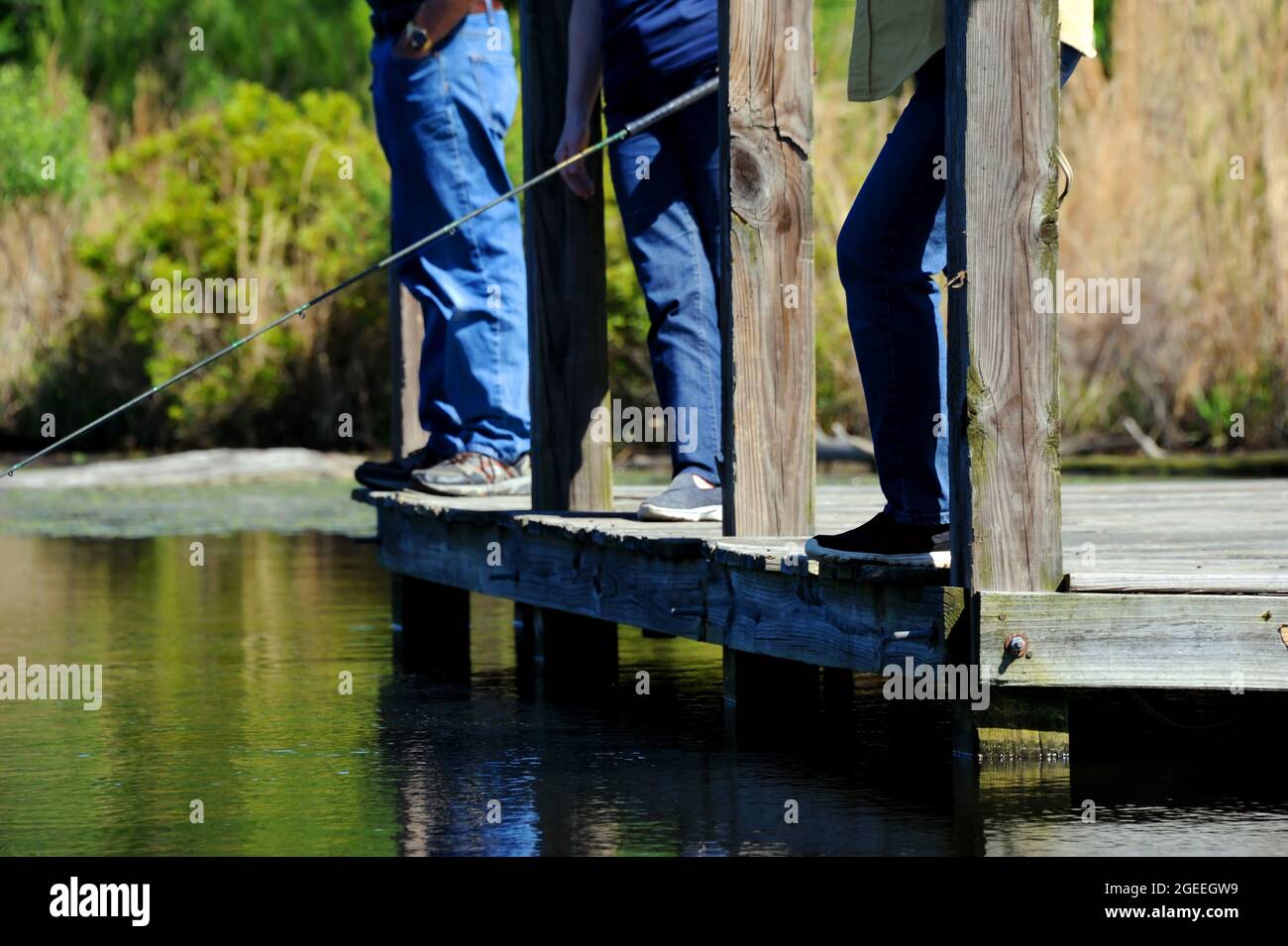 Three people stand on a wooden dock. They are fishing for bream. Photo ...