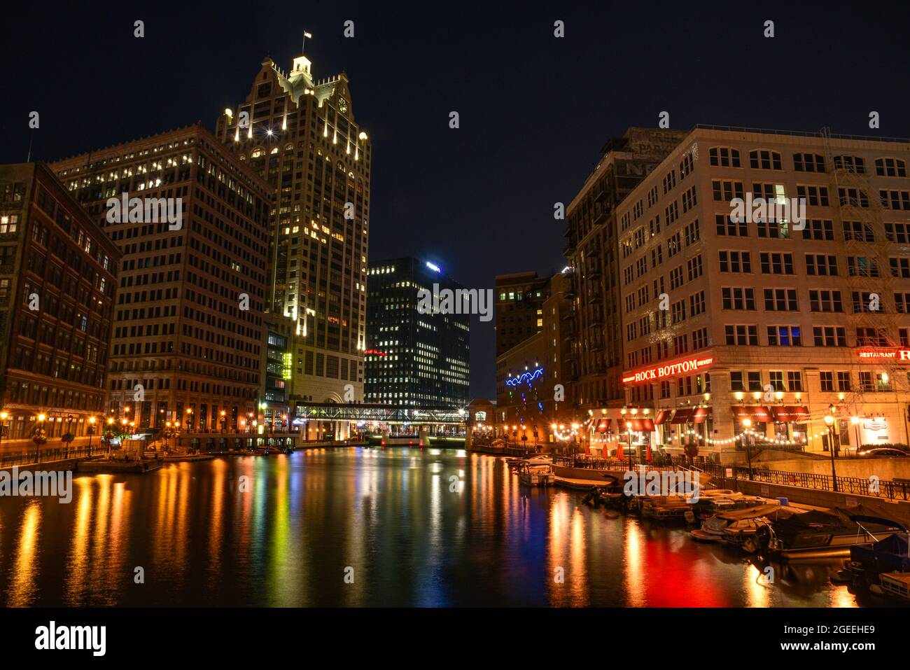 Night view of Milwaukee RiverWalk, a pedestrian pathway that meanders ...