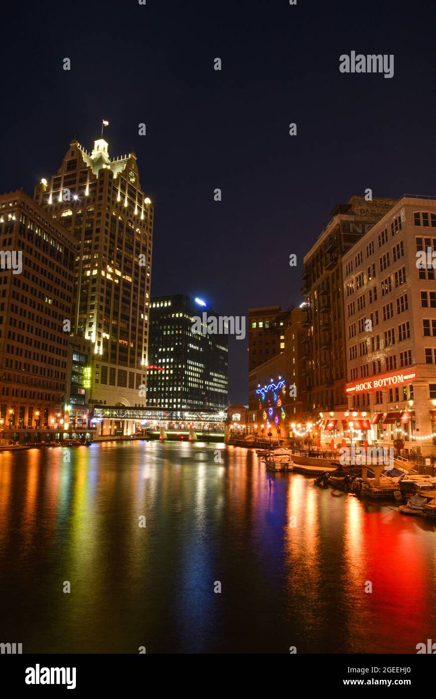 Night view of Milwaukee RiverWalk, a pedestrian pathway that meanders ...