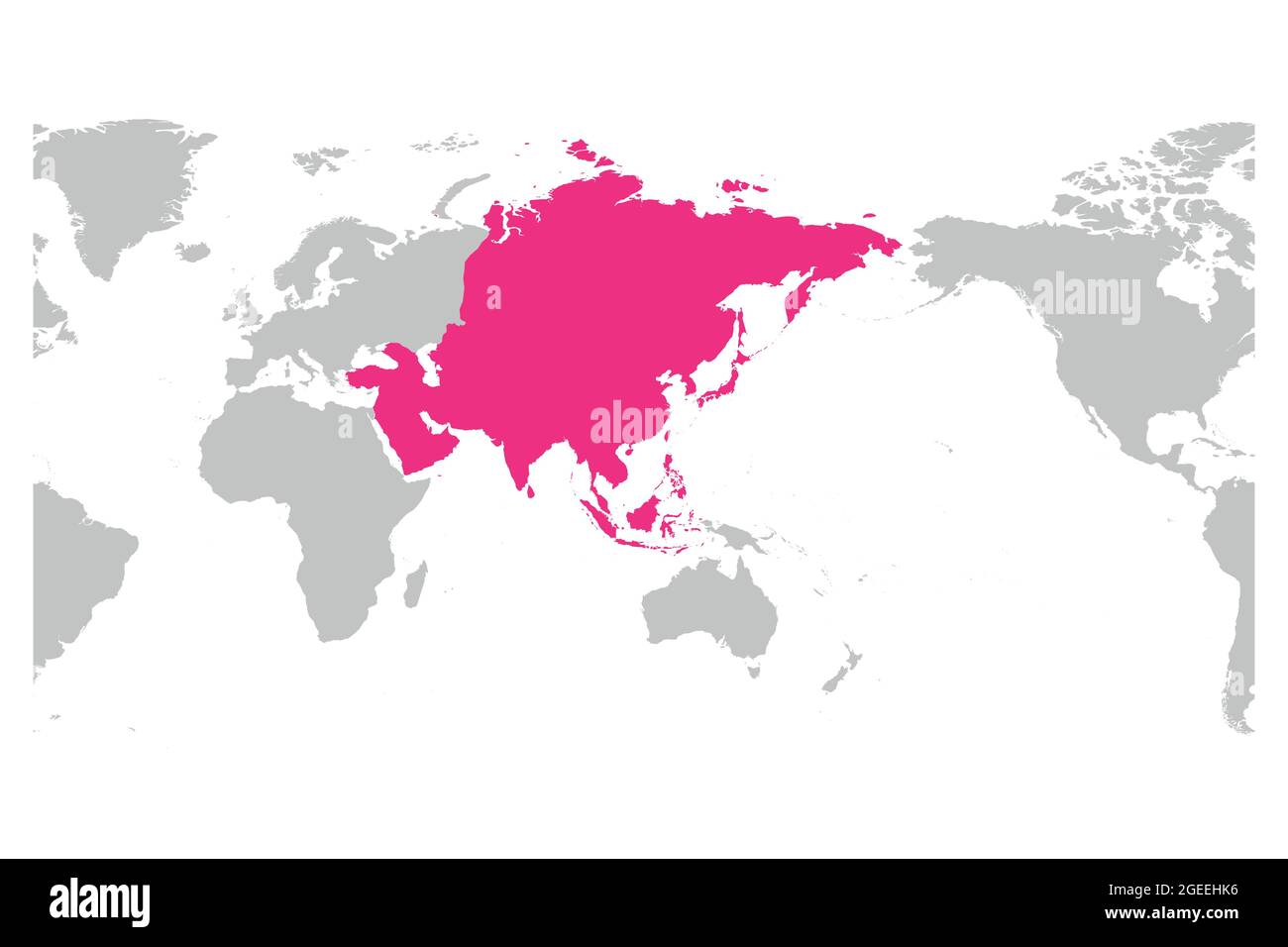 Asia continent pink marked in grey silhouette of World map. Centered on ...