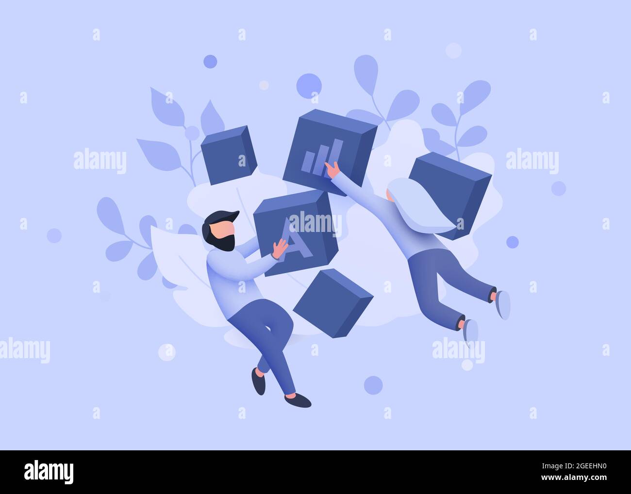 Flying people sorting data cubes. Business audit concept. Vector ...