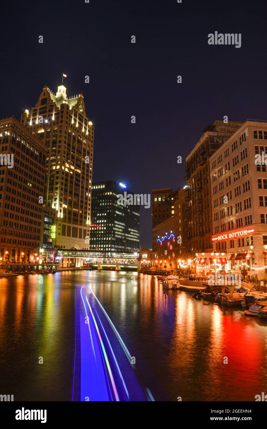 Night view of Milwaukee RiverWalk, a pedestrian pathway that meanders ...
