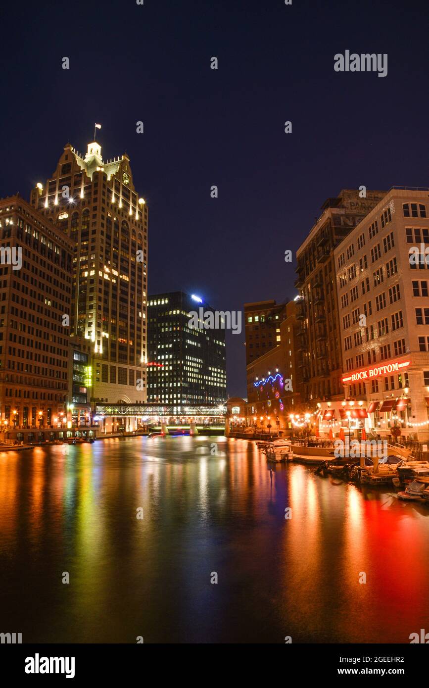 Night view of Milwaukee RiverWalk, a pedestrian pathway that meanders ...