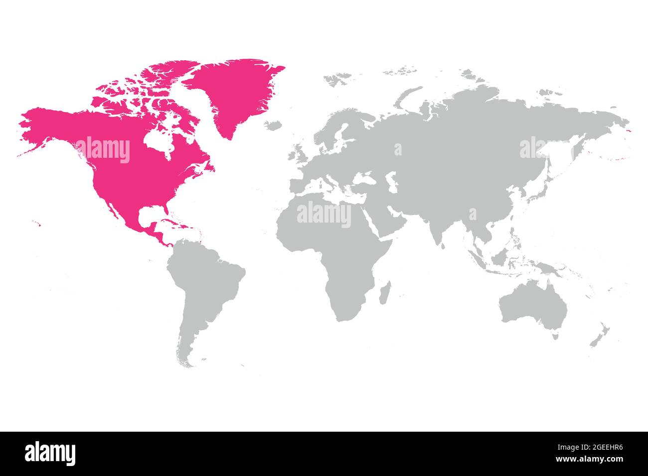 North America continent pink marked in grey silhouette of World map ...