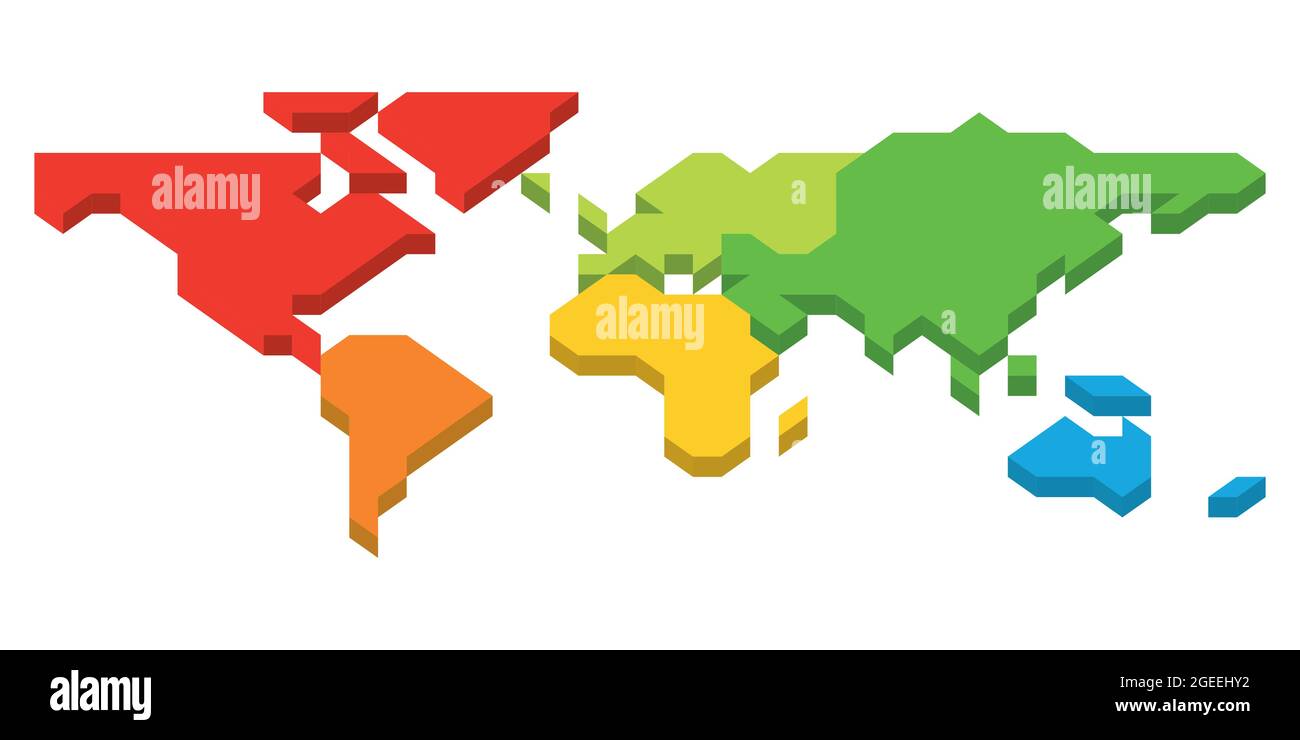 3D isometric map of World. Each continent in different color. Vector ...