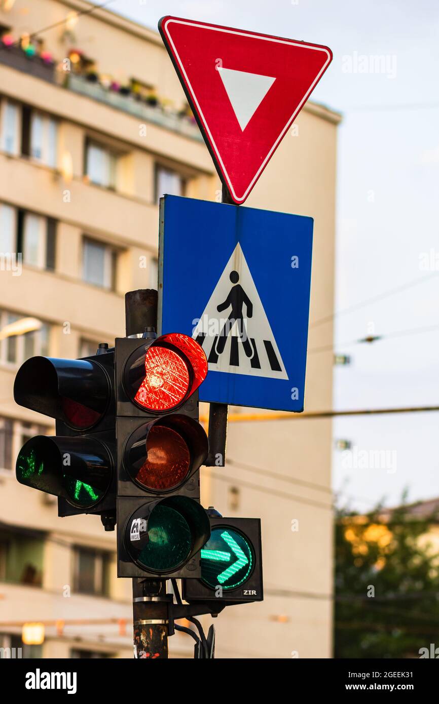 Traffic light with red light. Traffic light signal semaphore located in ...