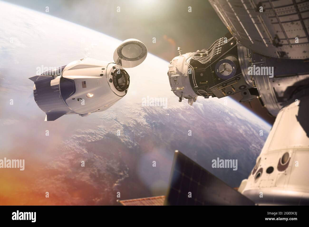 Cargo spacecraft in low-Earth orbit with sunlight. Elements of this ...