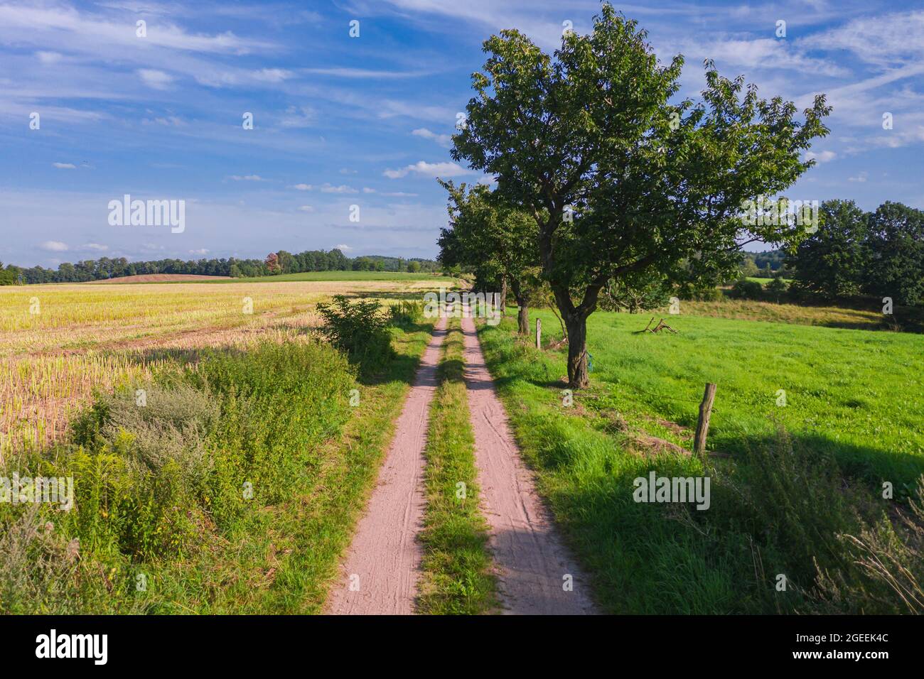 Undulating, uneven terrain covered with meadows and arable fields with ...