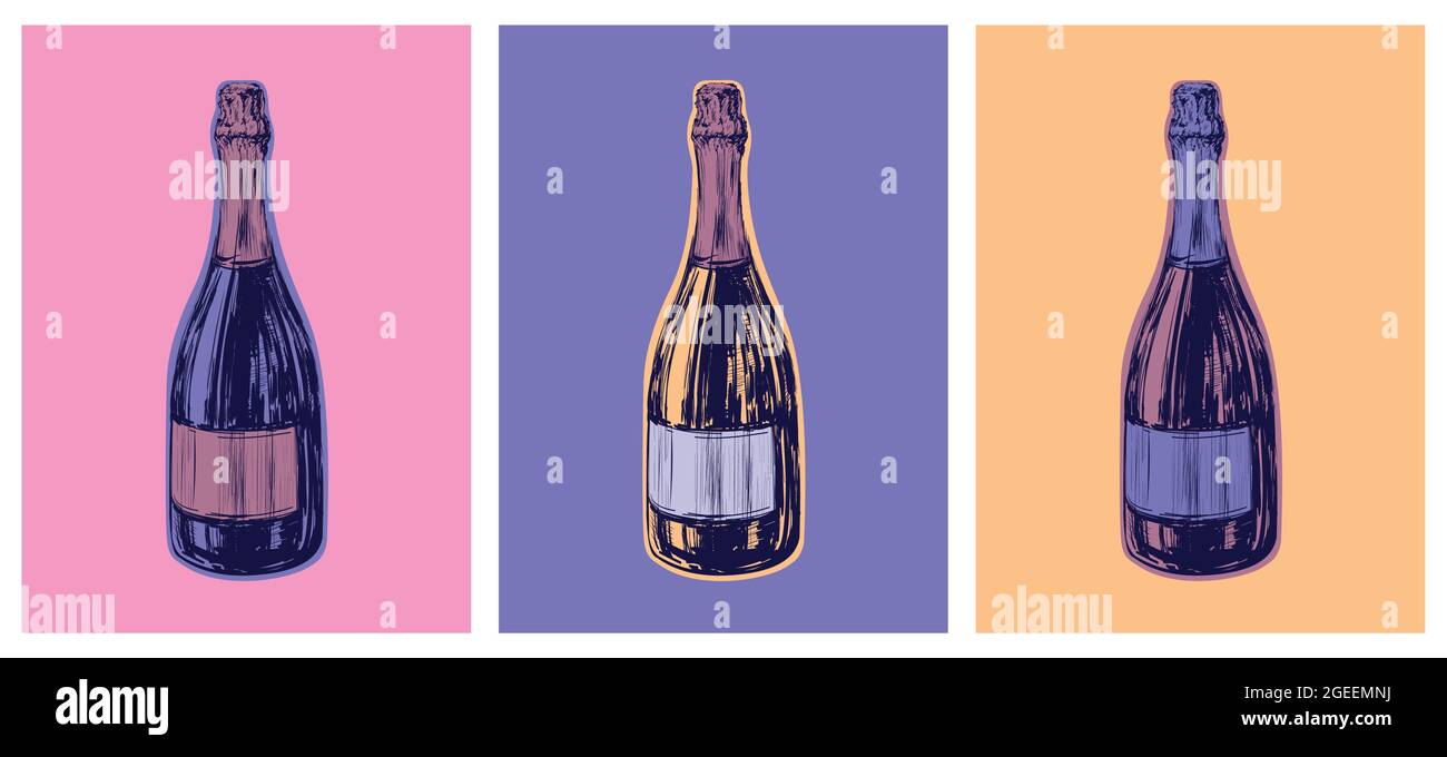 Champagne Bottle Hand Drawing Vector Illustration Alcoholic Drink. Pop ...