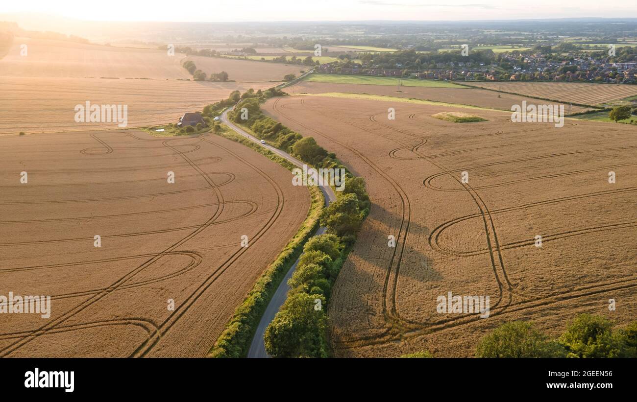 Aerial view of crop fields just before harvest and a lonely road Stock ...