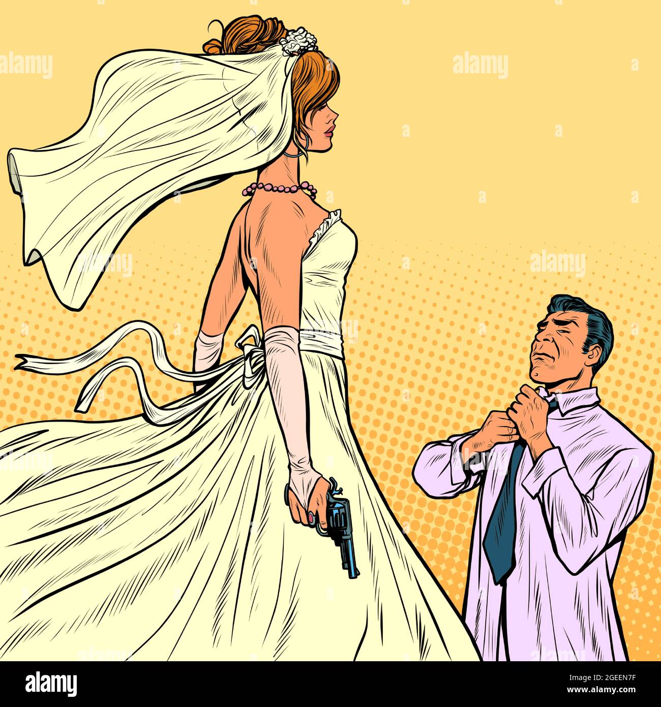 Beautiful bride in a wedding dress and a gun with the groom Stock ...