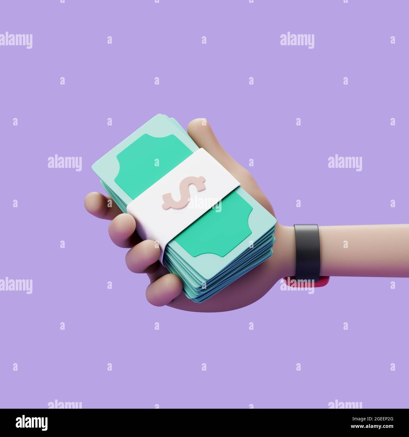 Cartoon hand holding cash bundle on violet background. Simple 3d render ...