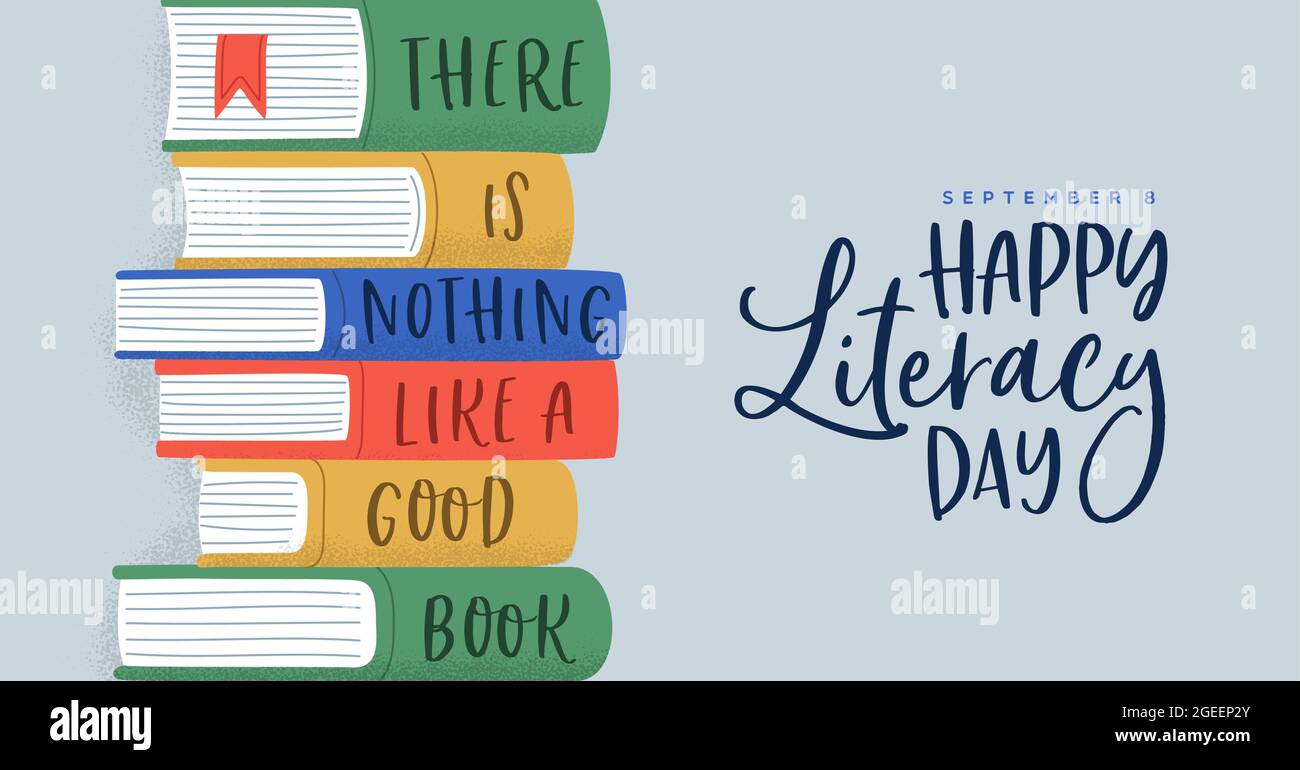 Happy literacy day greeting card illustration of colorful book pile ...