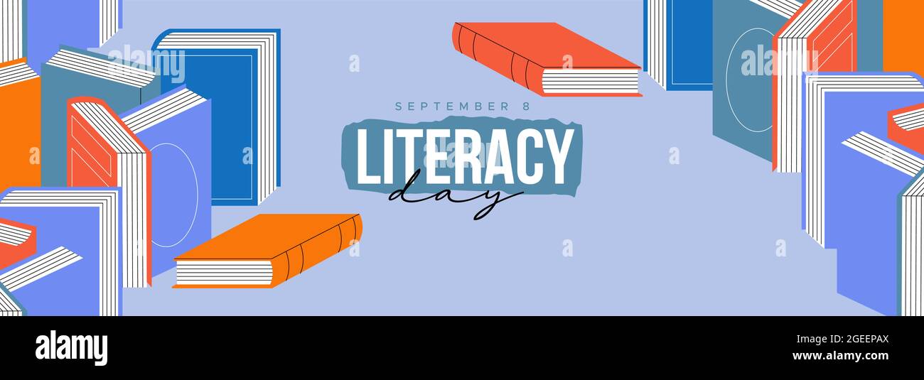 Happy literacy day greeting card illustration of colorful book pile ...