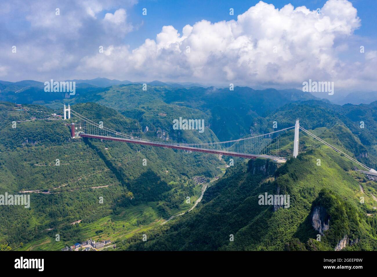 Aerial view of the Aizhai Bridge, a suspension bridge on the G65 Baotou ...