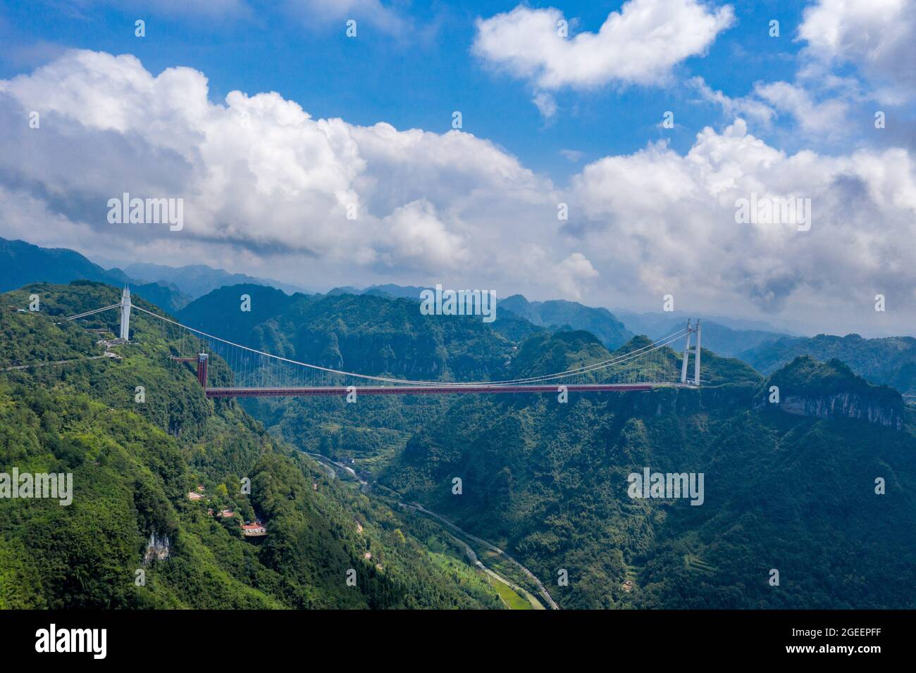 Aerial view of the Aizhai Bridge, a suspension bridge on the G65 Baotou ...