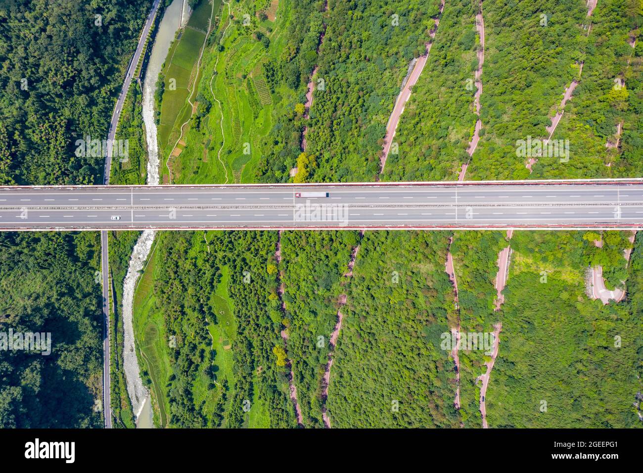Aerial view of the Aizhai Bridge, a suspension bridge on the G65 Baotou ...