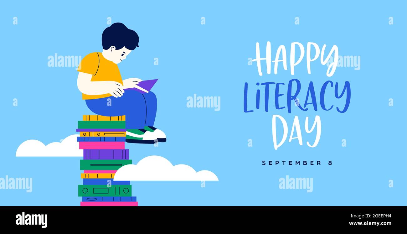 Happy Literacy Day greeting card illustration of young boy kid reading ...