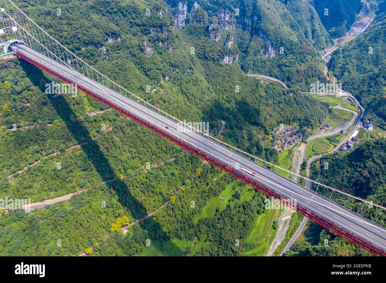 Aerial view of the Aizhai Bridge, a suspension bridge on the G65 Baotou ...