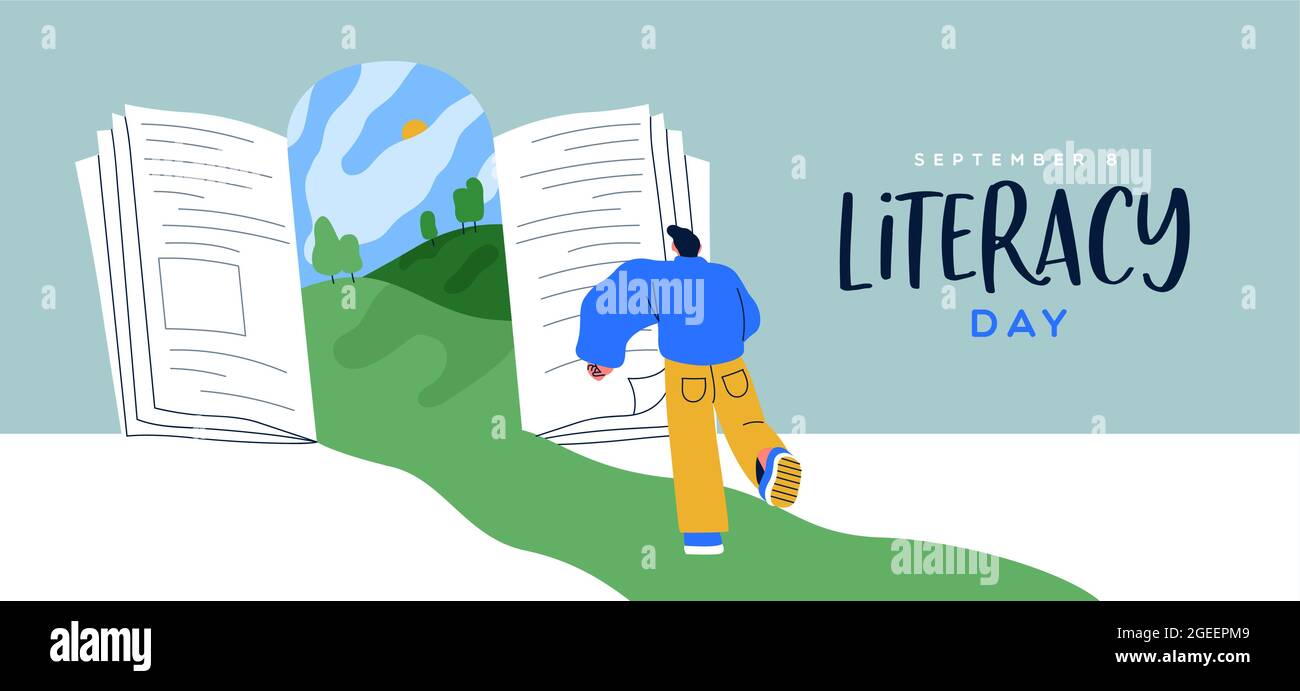 Happy Literacy day greeting card illustration of young man running to ...