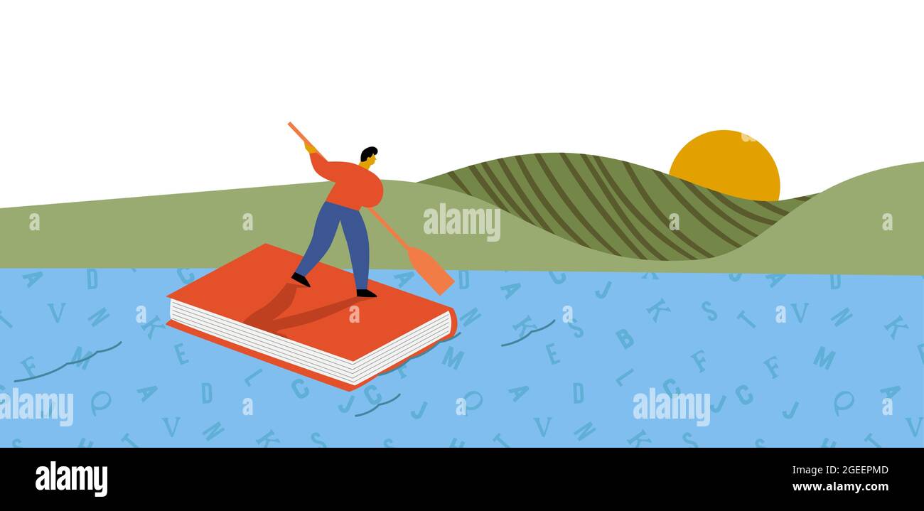 Young man character rowing book boat on word river, reading books ...