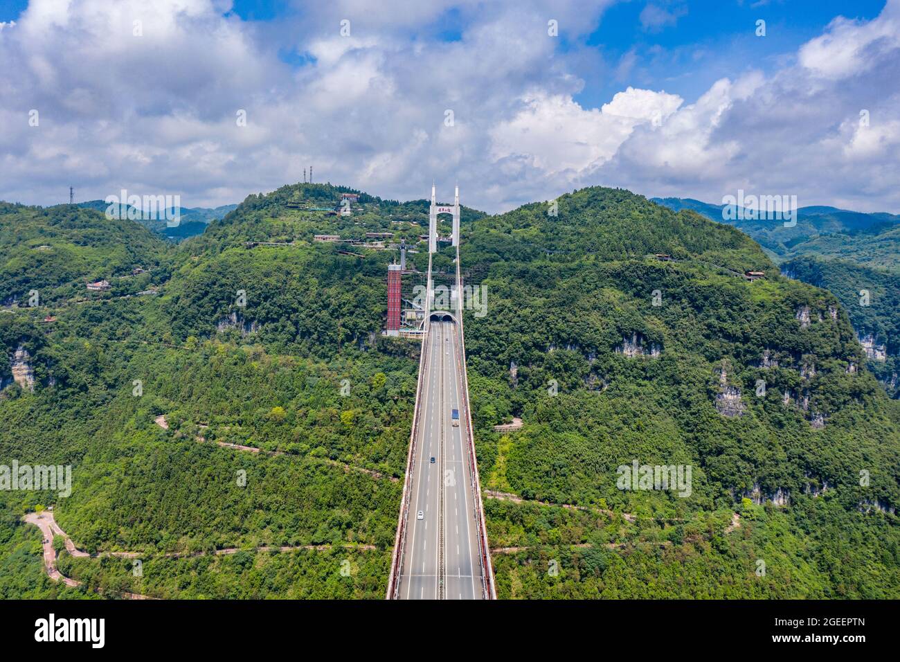 Aerial view of the Aizhai Bridge, a suspension bridge on the G65 Baotou ...