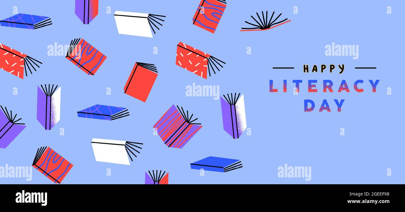 International Literacy day greeting card illustration of retro colorful ...